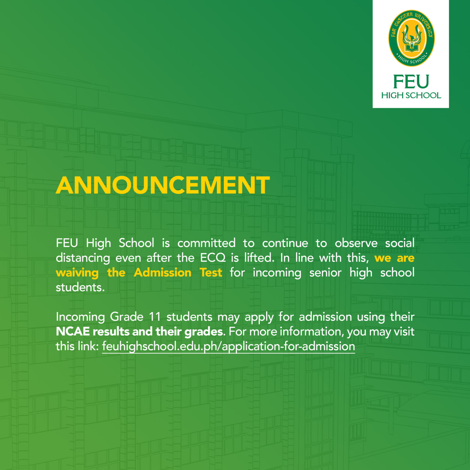 FEU HS Waives Admission Test for S.Y. 2020-2021 - FEU High School