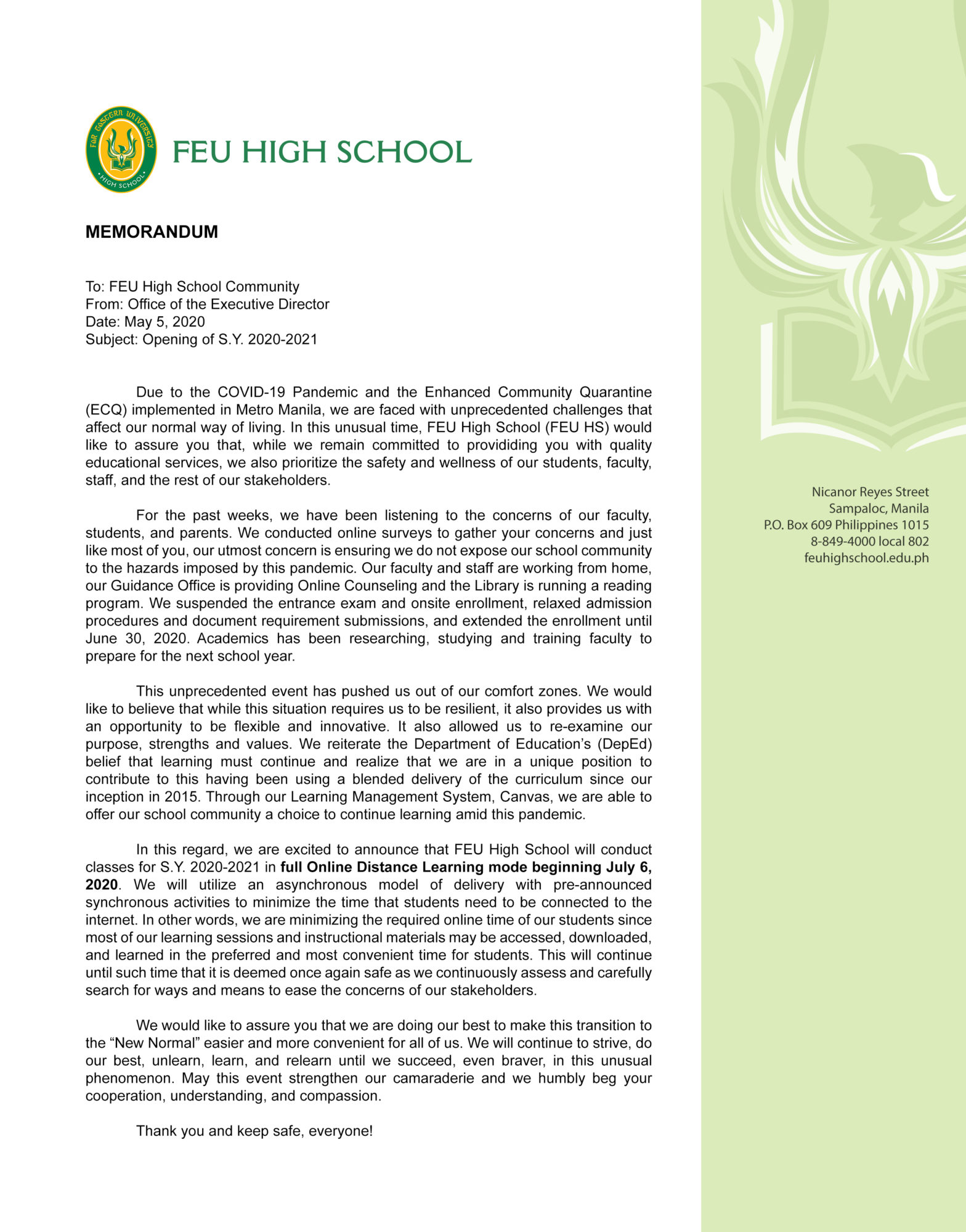 FEU High School announces S.Y. 2020-2021 - FEU High School
