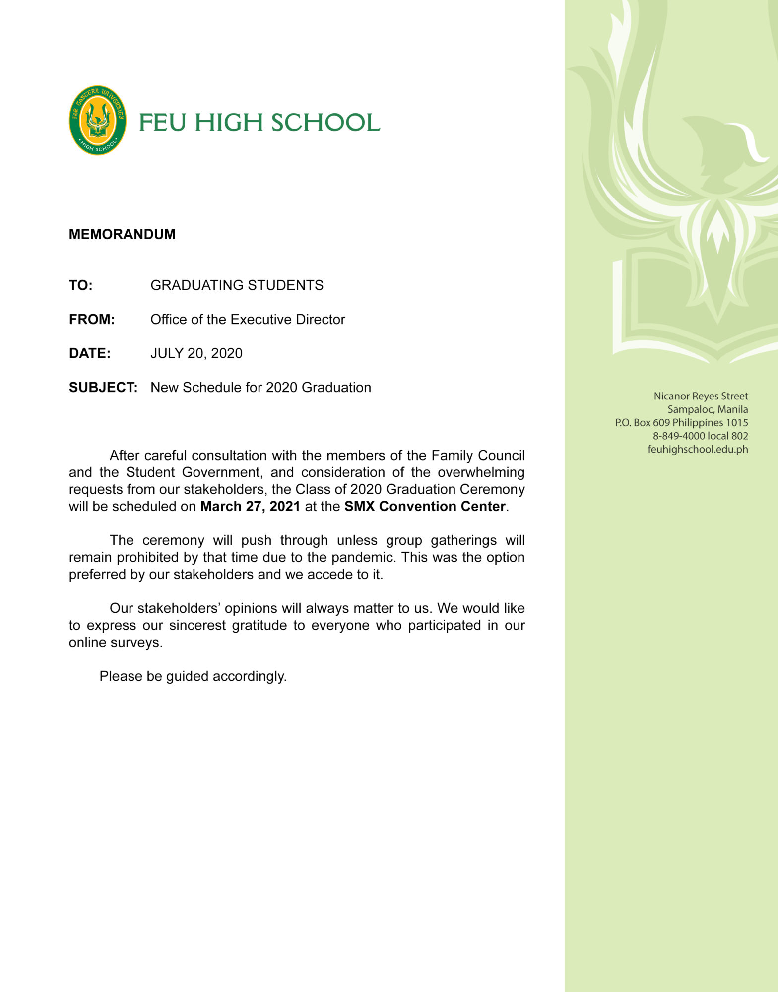 New Schedule for 2020 Graduation - FEU High School
